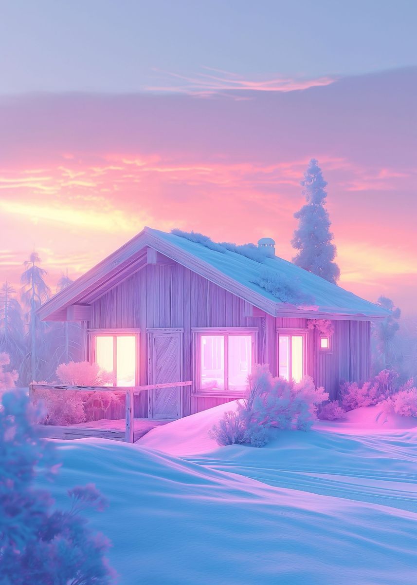 'Pastel House in Snowscape' Poster, picture, metal print, paint by Rawbin | Displate