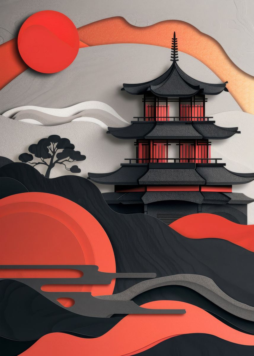 'Japan Temple Paper Craft' Poster, picture, metal print, paint by ...