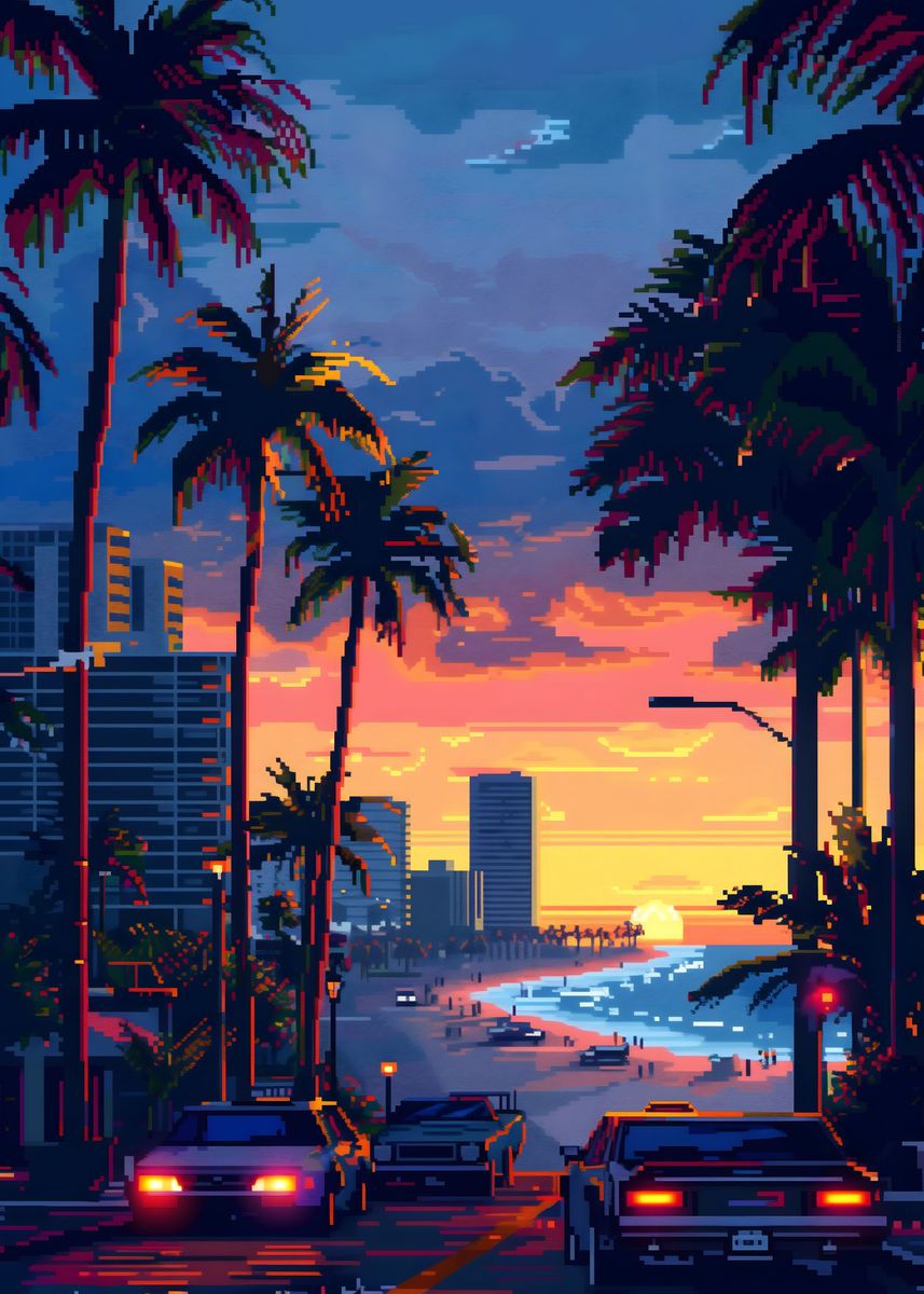 'Sunset Miami Pixel Art' Poster, picture, metal print, paint by Dennex ...