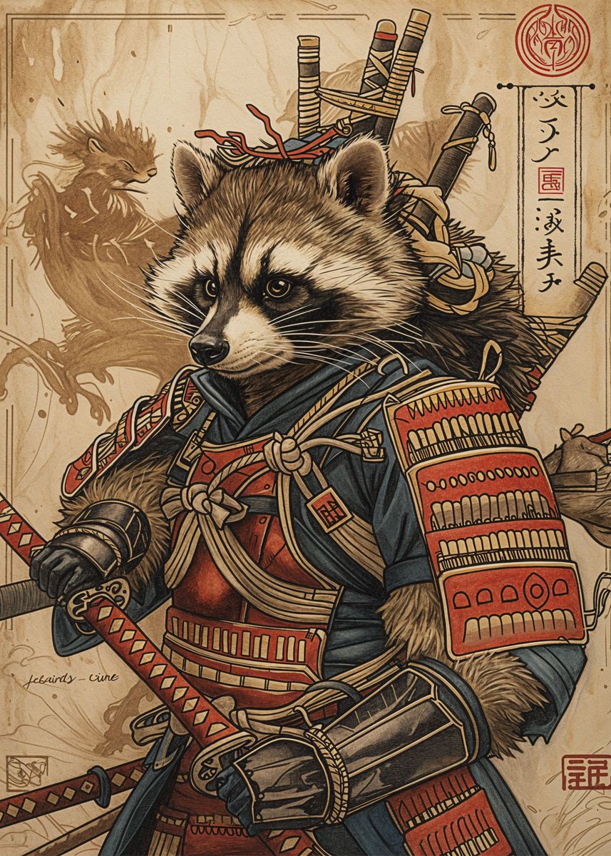 'Samurai Raccoon' Poster, picture, metal print, paint by SuperNova | Displate