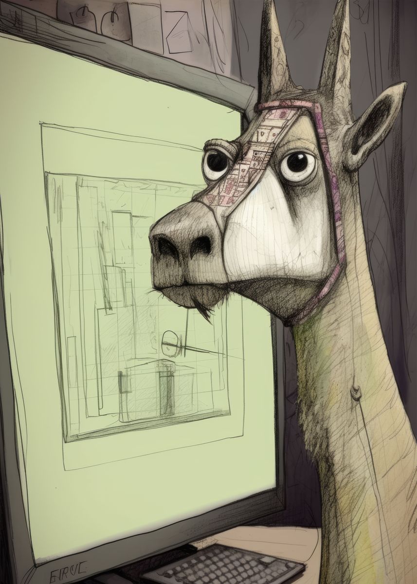 'Llama at the computer ' Poster, picture, metal print, paint by The ...