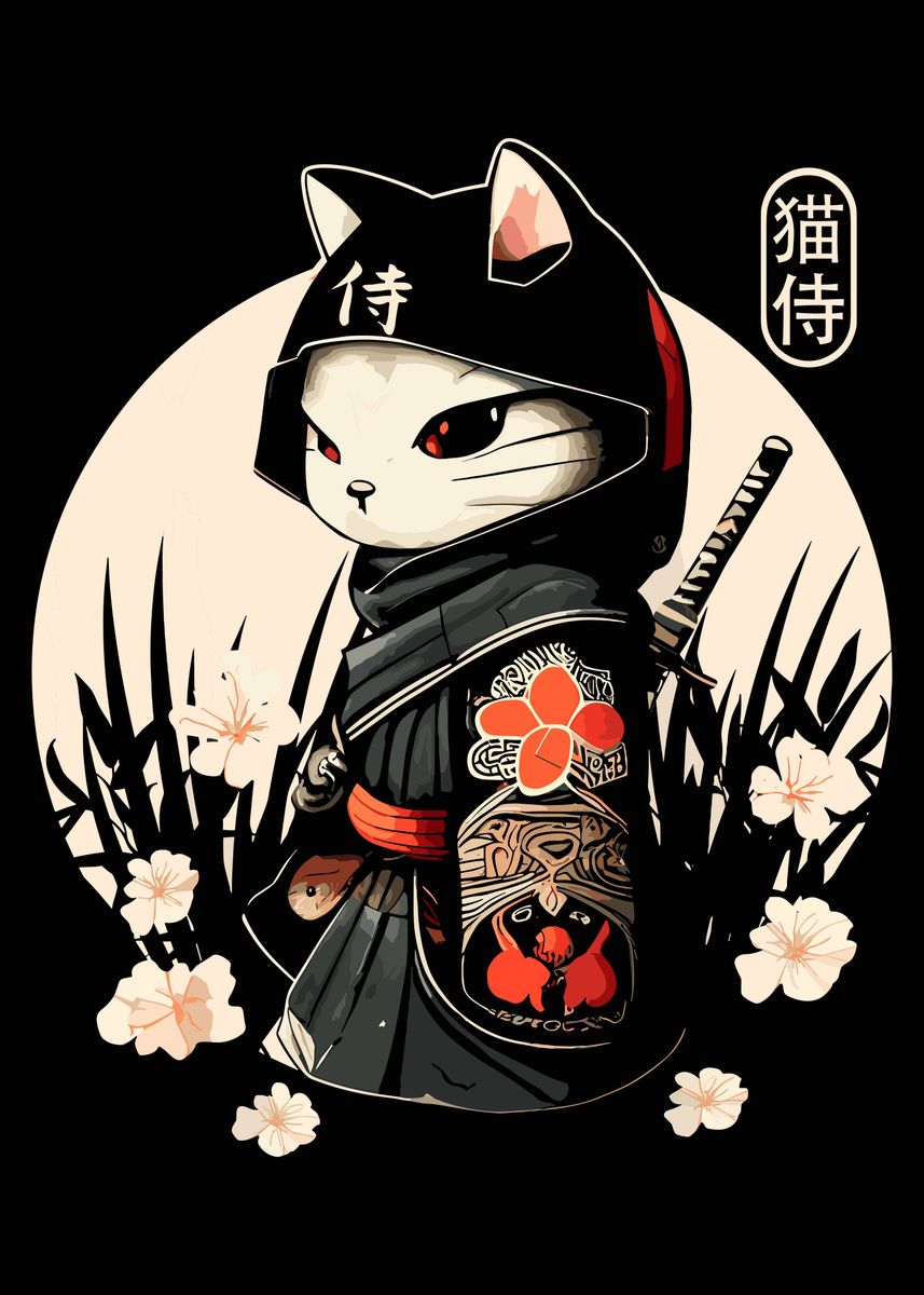 'Samurai Cat Tattoo Kawaii' Poster, picture, metal print, paint by ...
