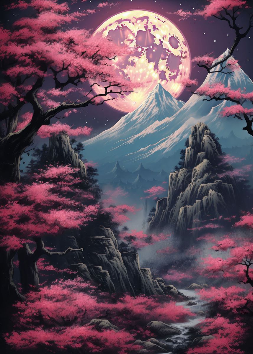'Japanese Moonlit Serenity' Poster, picture, metal print, paint by ...