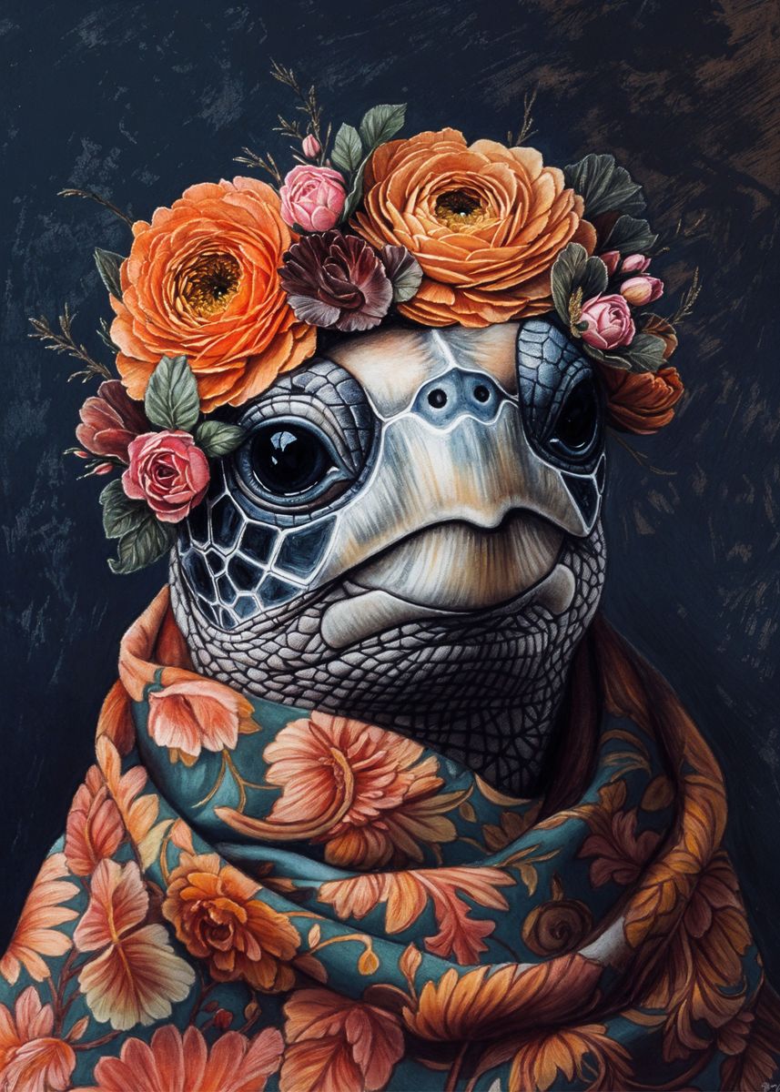 'Turtle with Flowers' Poster, picture, metal print, paint by SuperNova ...