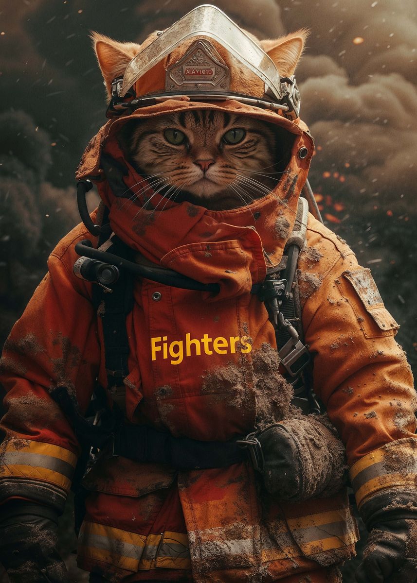 'Cat fireman firefighter' Poster, picture, metal print, paint by Jaycee ...