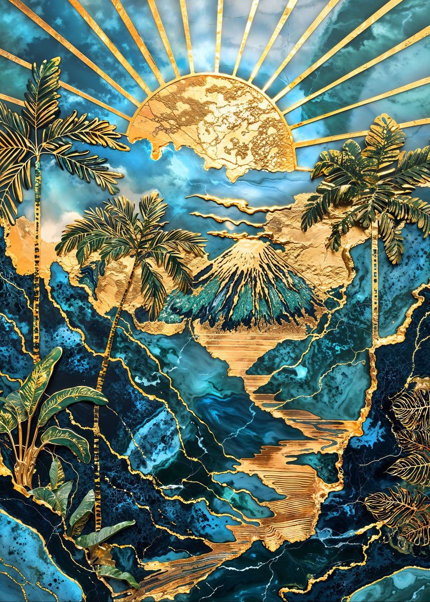 'Golden Volcano Awakening' Poster, picture, metal print, paint by Pixaverse | Displate
