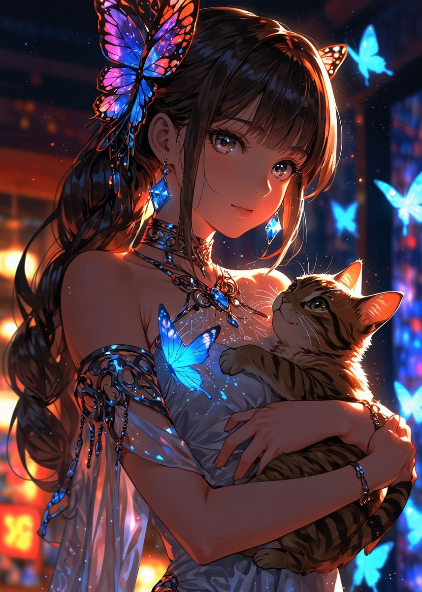 'Anime Girl With Tabby Cat' Poster, picture, metal print, paint by ...