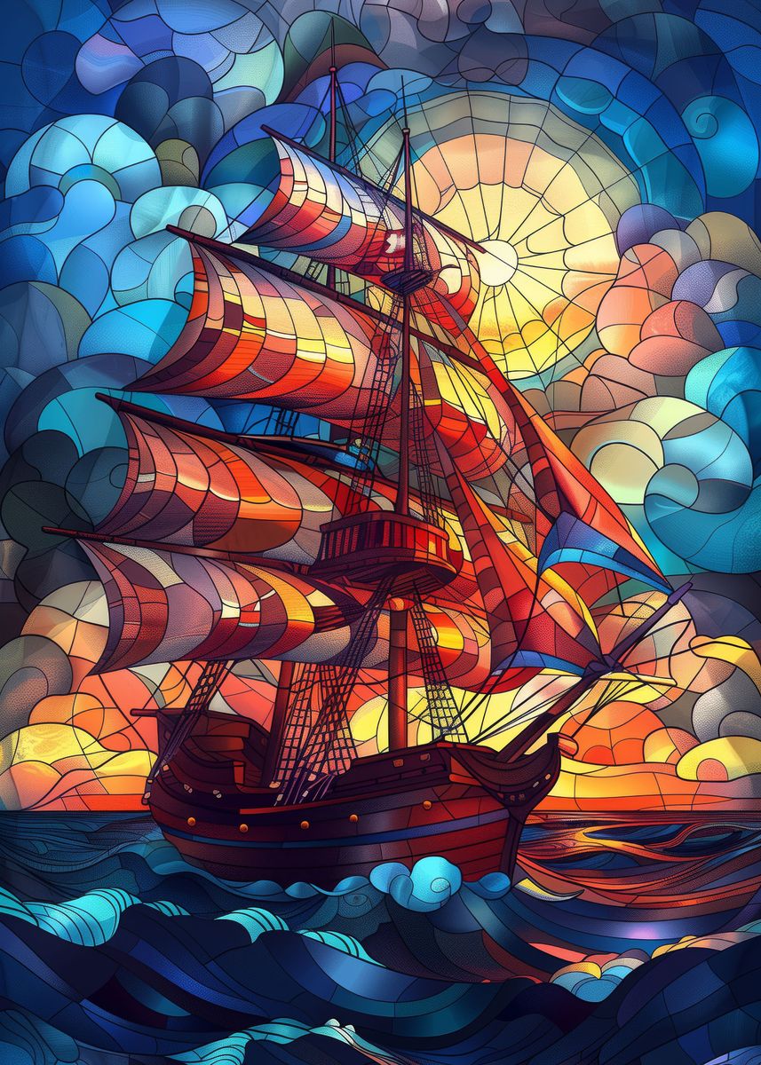 'Stained Glass Sailing Ship' Poster, picture, metal print, paint by PRX ...