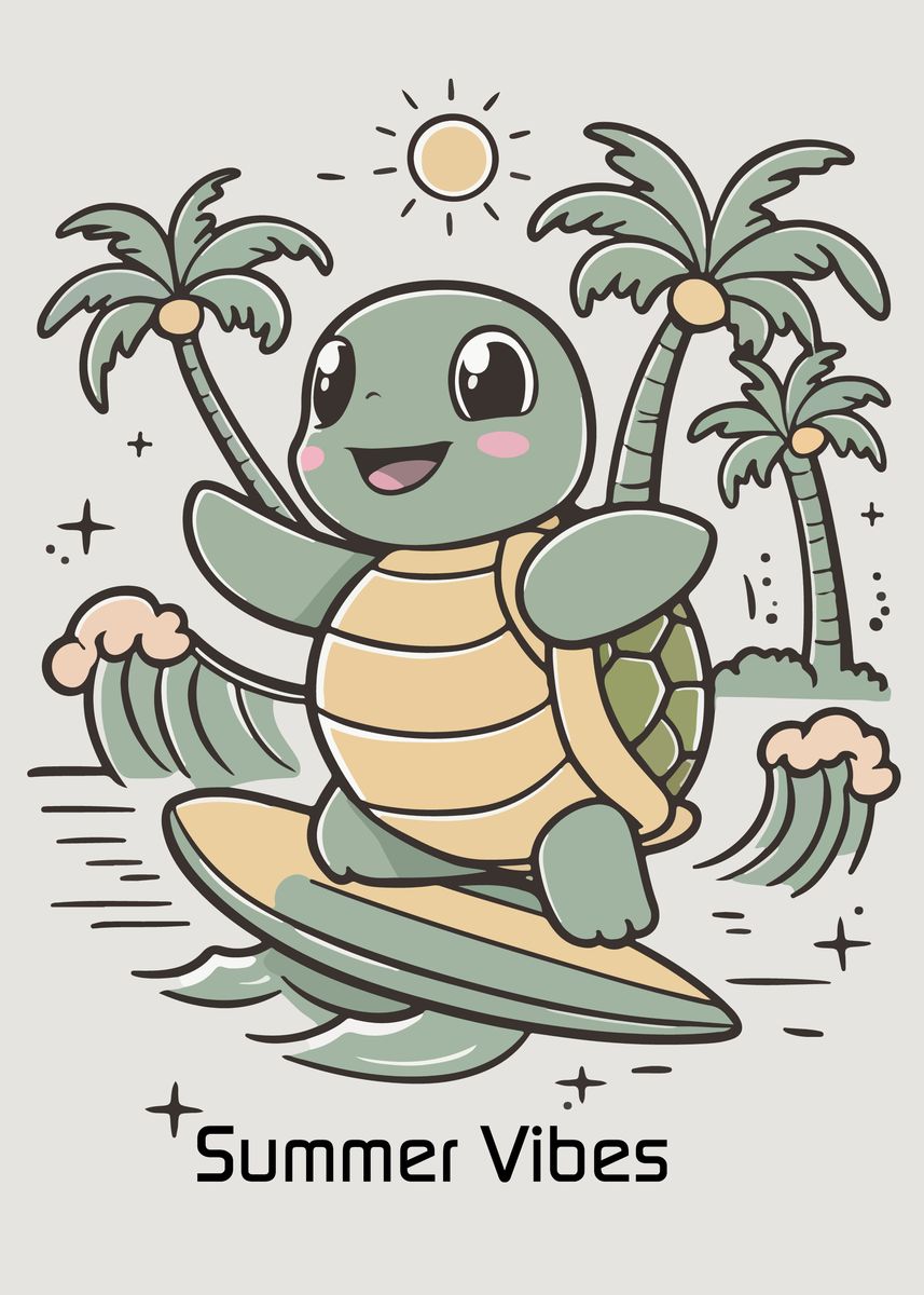 'Turtle Surfing Fun ' Poster, picture, metal print, paint by noer thoif ...