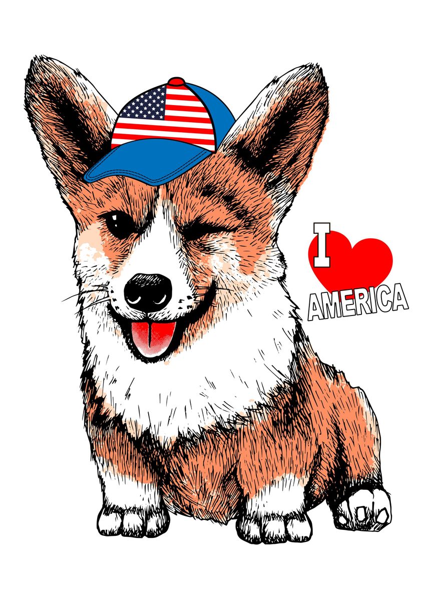 'Corgi with American flag' Poster, picture, metal print, paint by ...