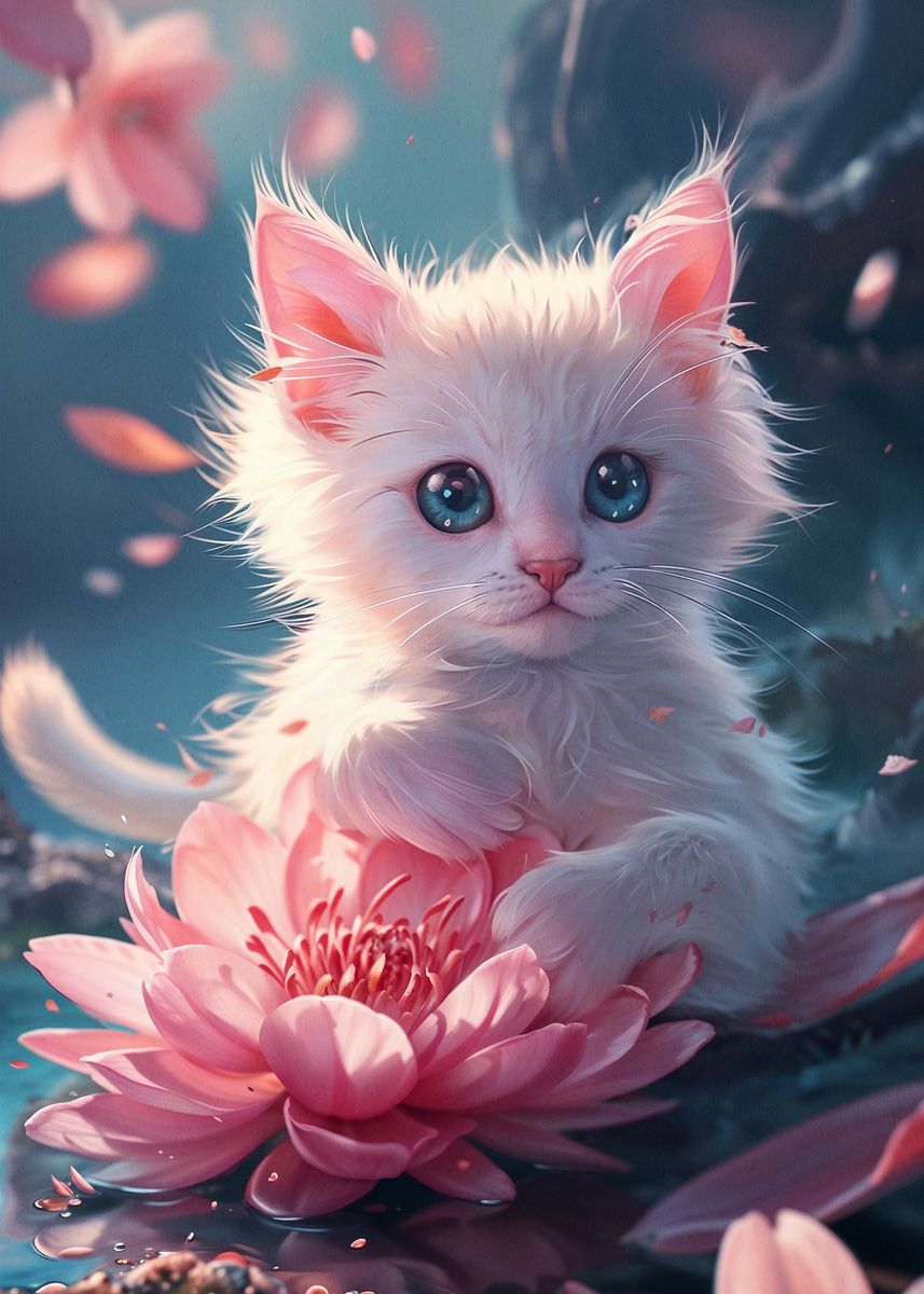 'Cat Flower Cute' Poster, picture, metal print, paint by Raheem ...