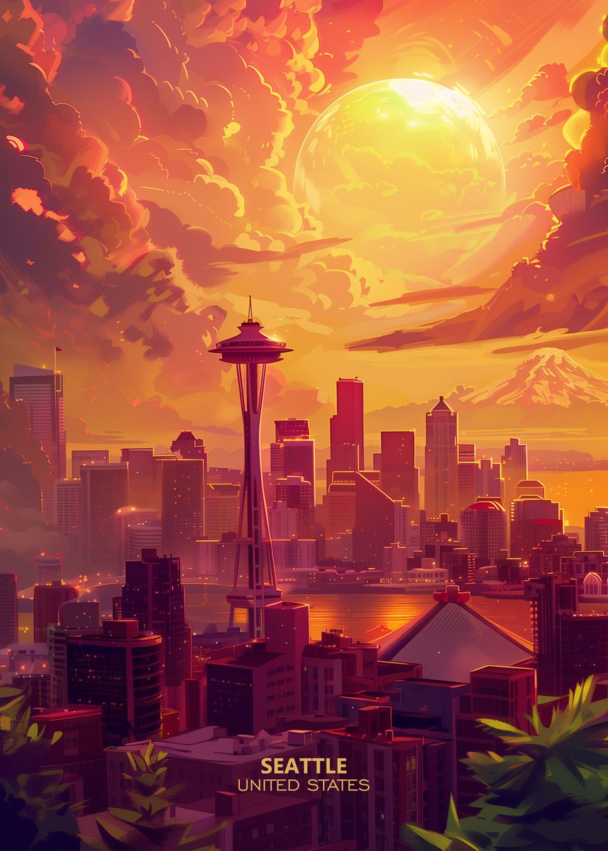 'Seattle with beauty Sunset' Poster, picture, metal print, paint by ...