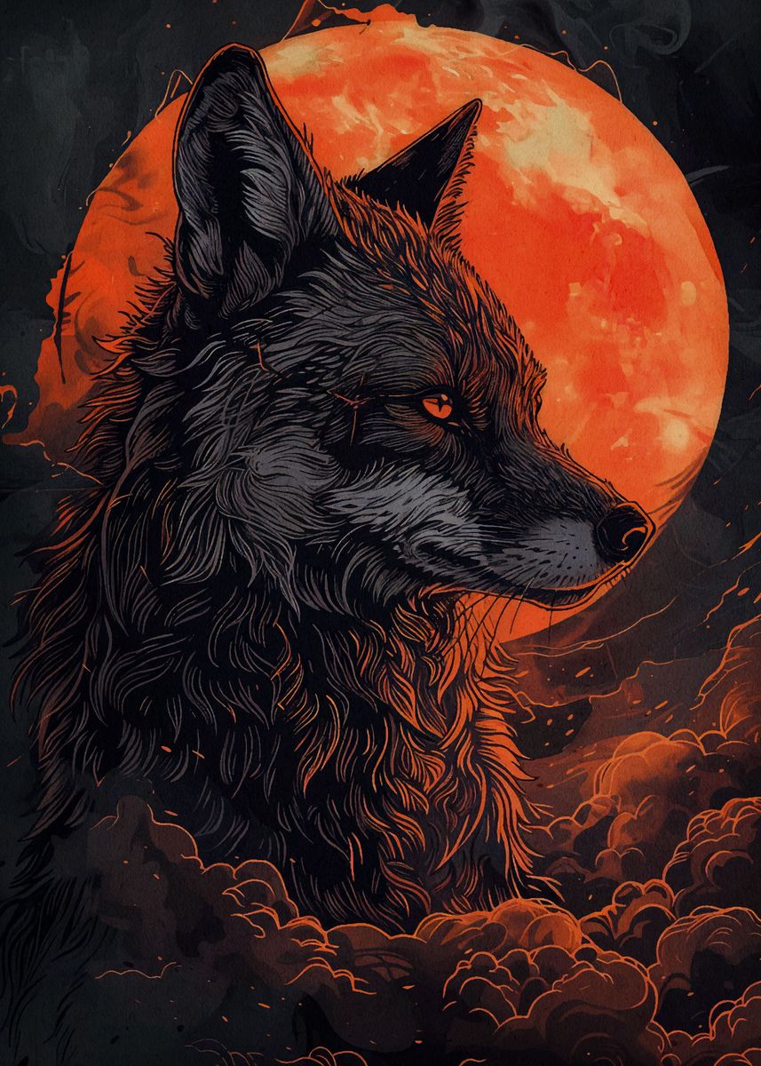 'wolf red moon animal' Poster, picture, metal print, paint by Coral ...