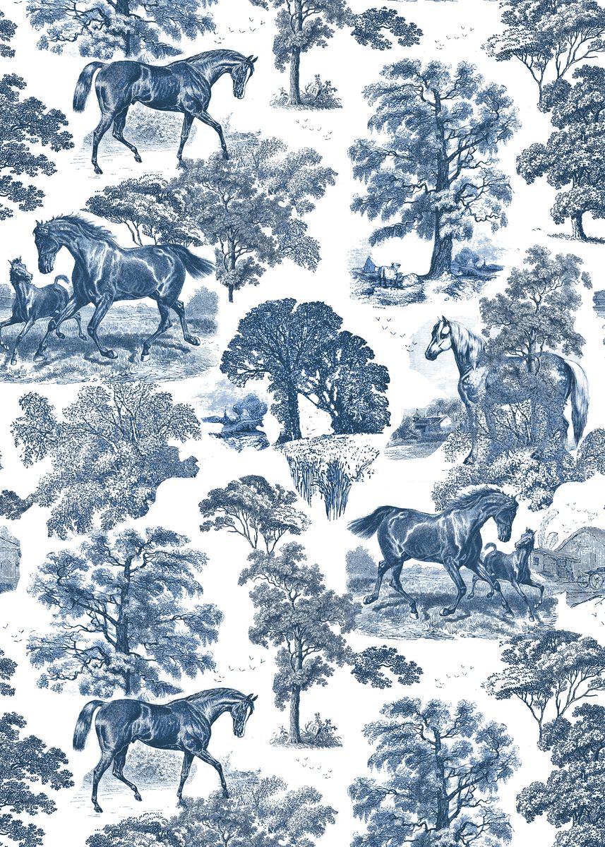 'Blue White Toile Horses' Poster, picture, metal print, paint by ...