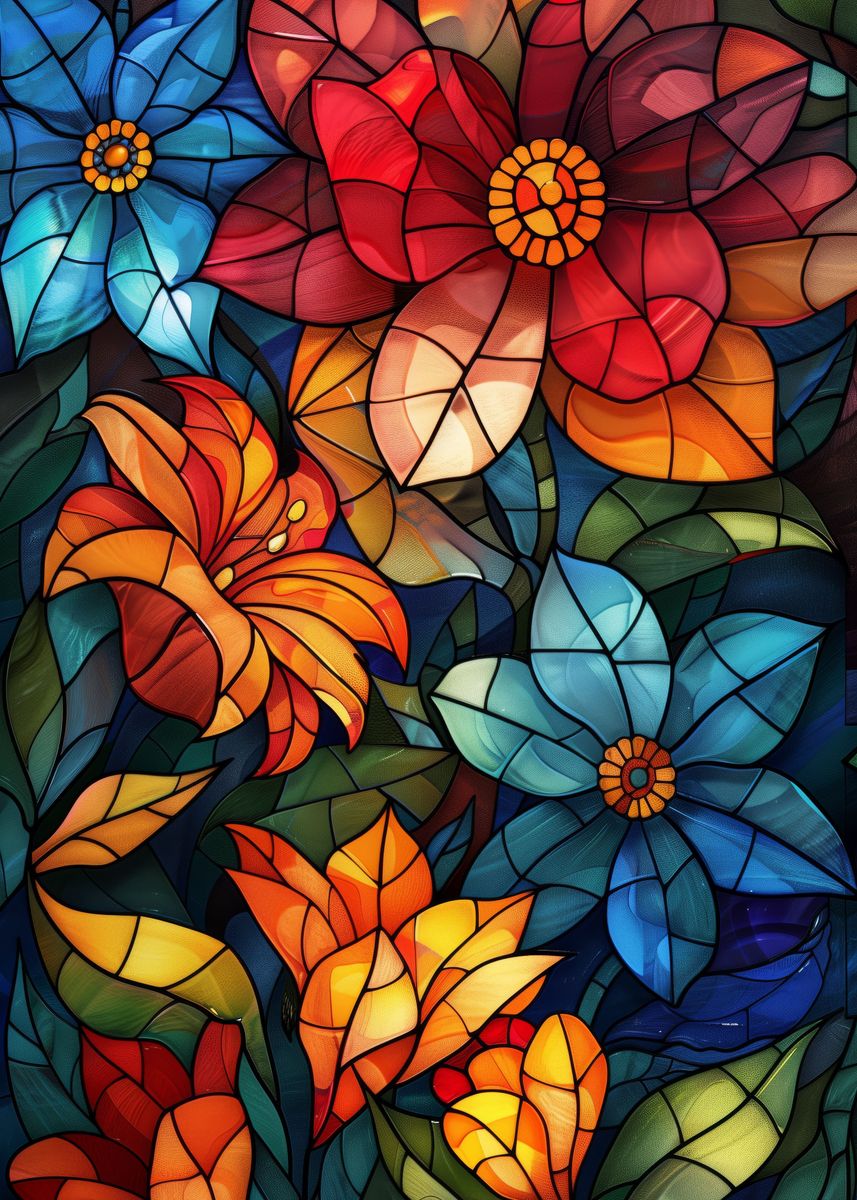 'Stained Glass Flowers ' Poster, picture, metal print, paint by PRX ...