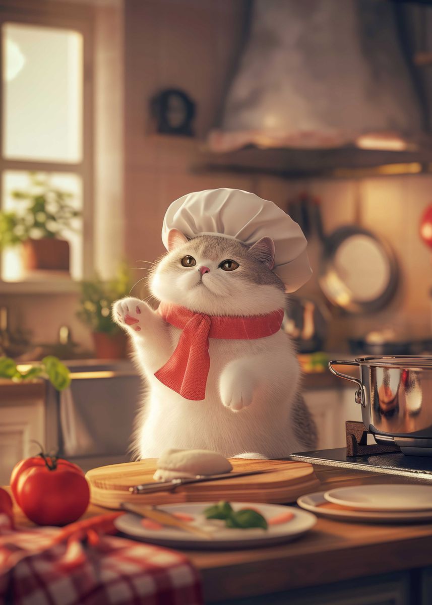 'Cute Cat Chef' Poster, picture, metal print, paint by Ray Faye | Displate