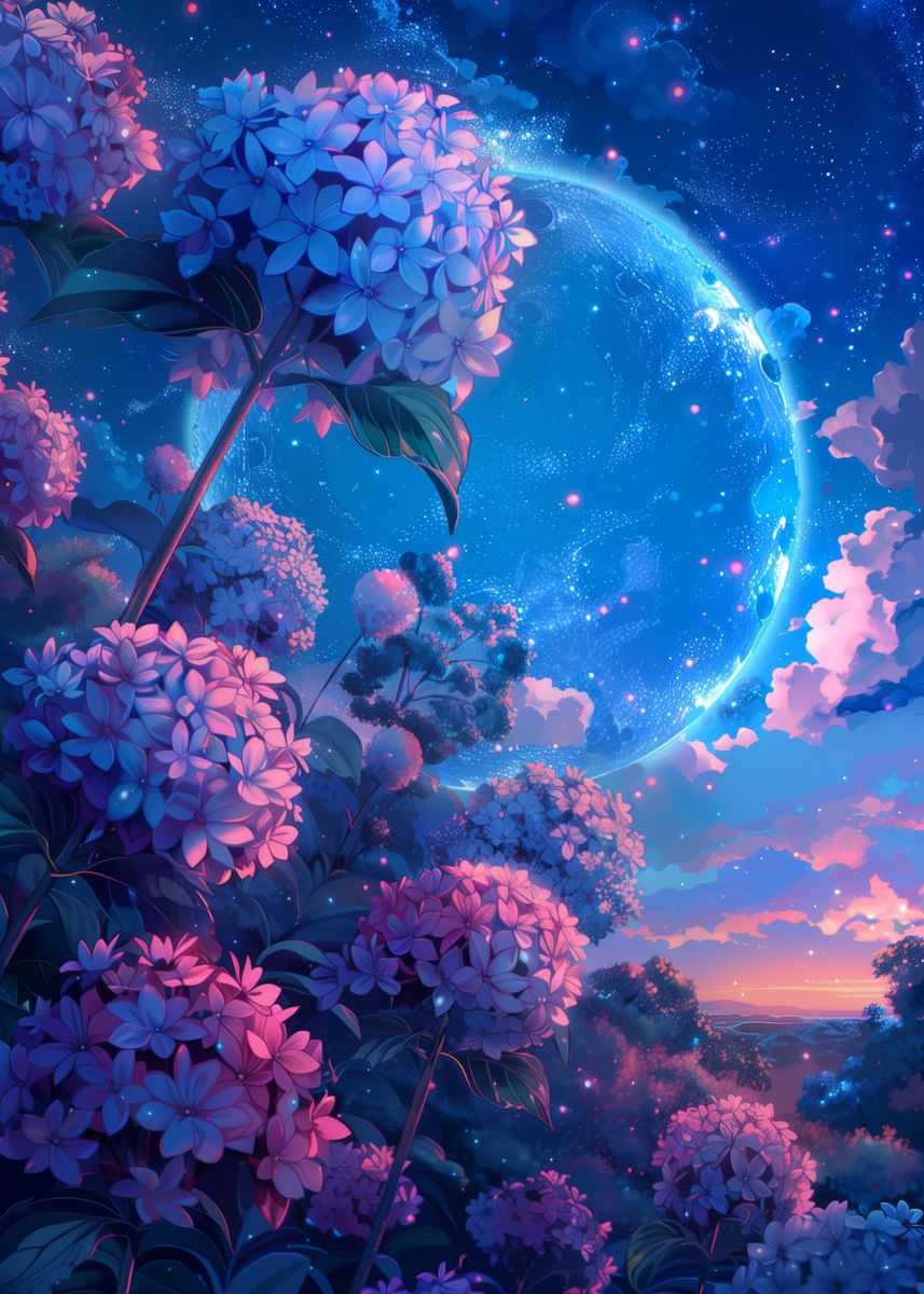 'Hortensia Full Moon Anime' Poster, picture, metal print, paint by ...