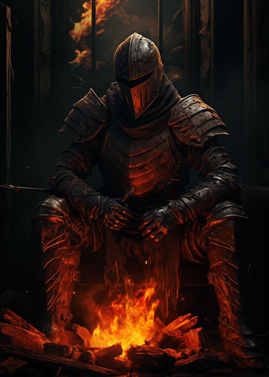 'Knight resting at Bonfire' Poster, picture, metal print, paint by ...