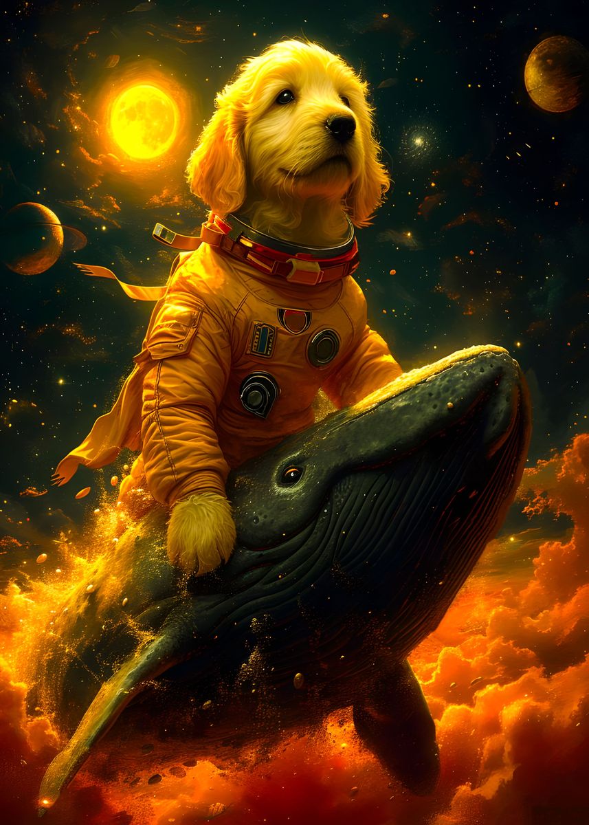 'dog out space' Poster, picture, metal print, paint by Pop art | Displate