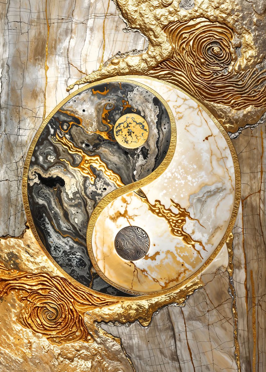 'Golden Yin and Yang Unity' Poster, picture, metal print, paint by ...