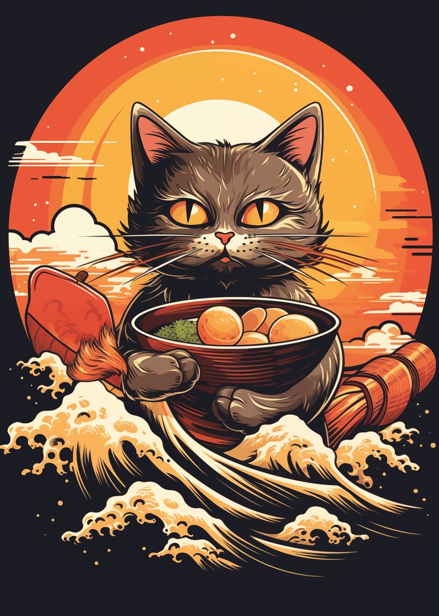 'cat ramen japan' Poster, picture, metal print, paint by Aym jer | Displate