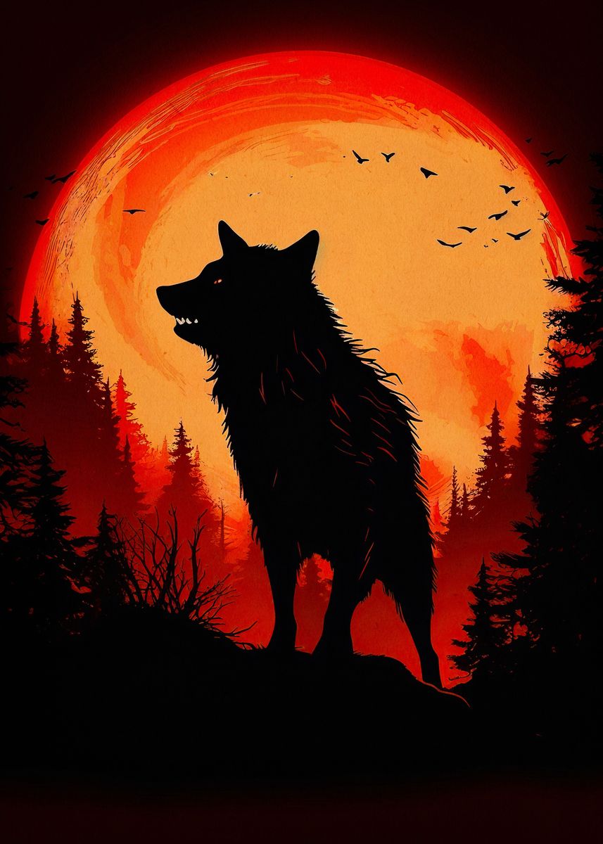'wolf red moon animal' Poster, picture, metal print, paint by Coral ...
