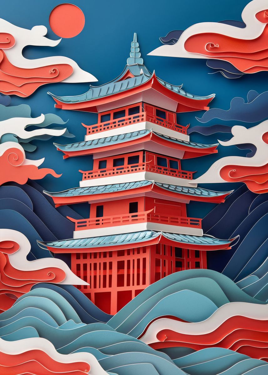 'Temple Flat Paper Craft' Poster, picture, metal print, paint by ...