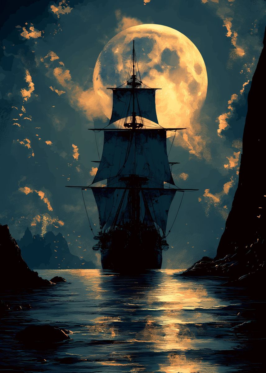 'Pirate Ship Full Moon' Poster, picture, metal print, paint by Anima ...