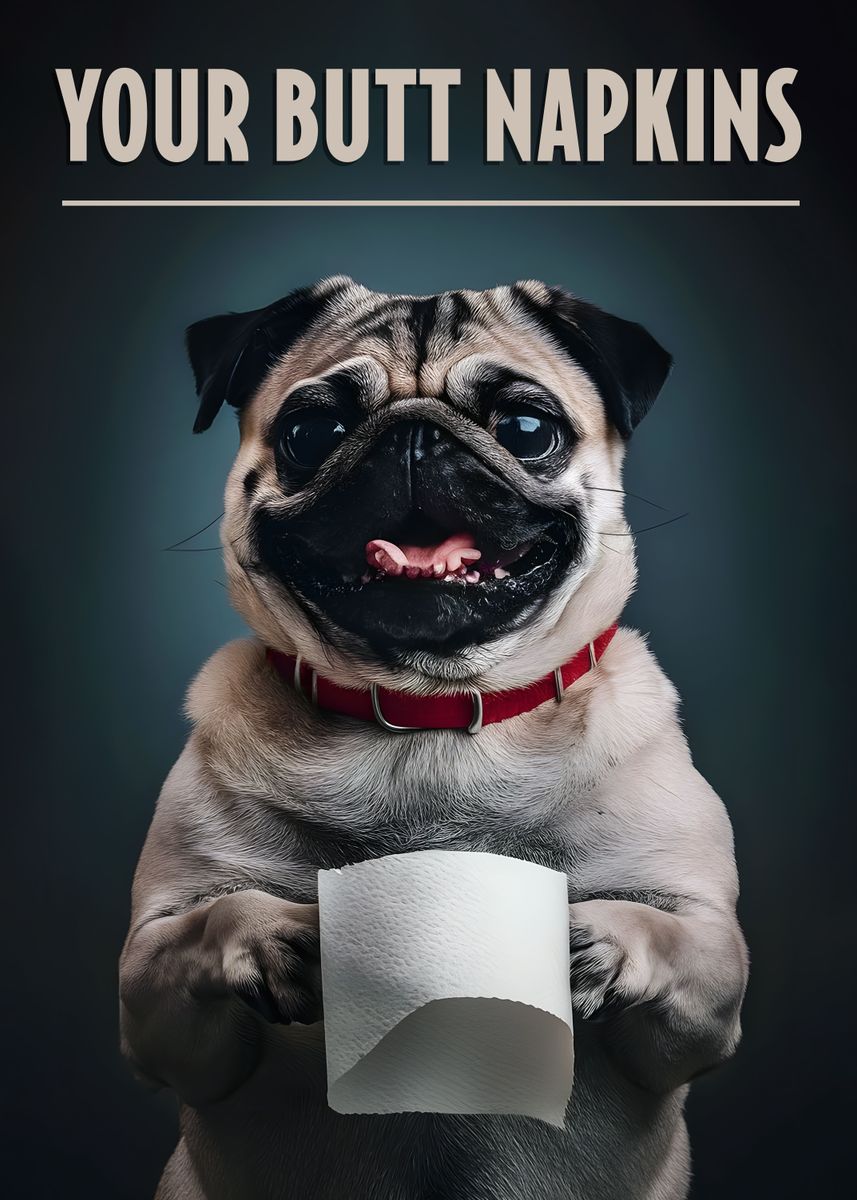 'Your Butt Napkins pug dog' Poster, picture, metal print, paint by mk ...