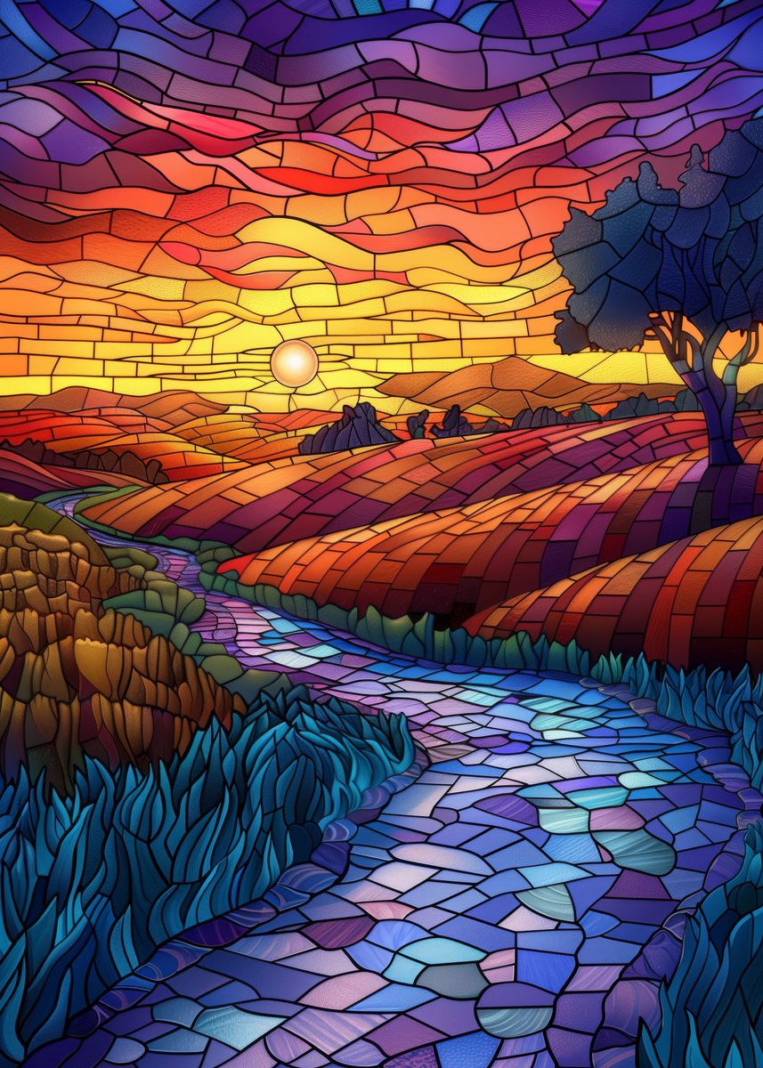 'Stained Glass Landscape' Poster, picture, metal print, paint by PRX ...