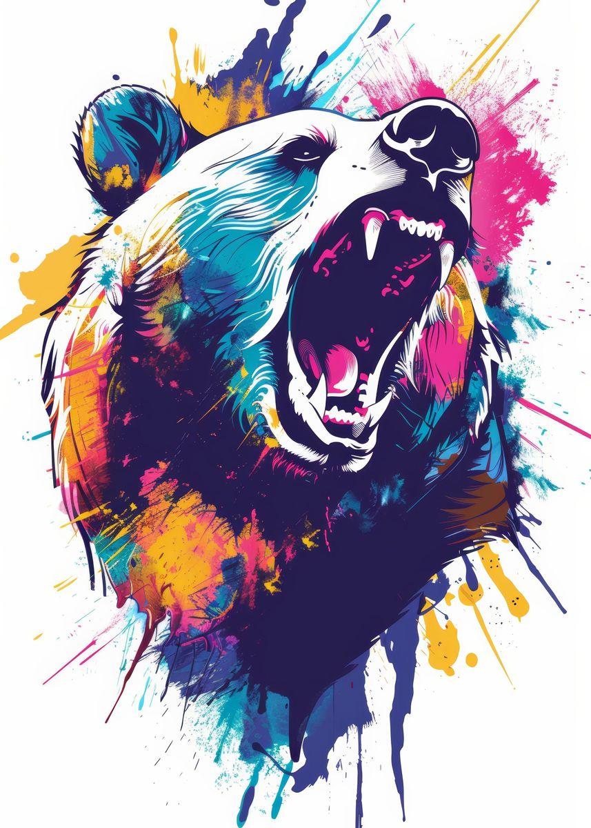 'Roaring Color Burst Bear' Poster, picture, metal print, paint by ...