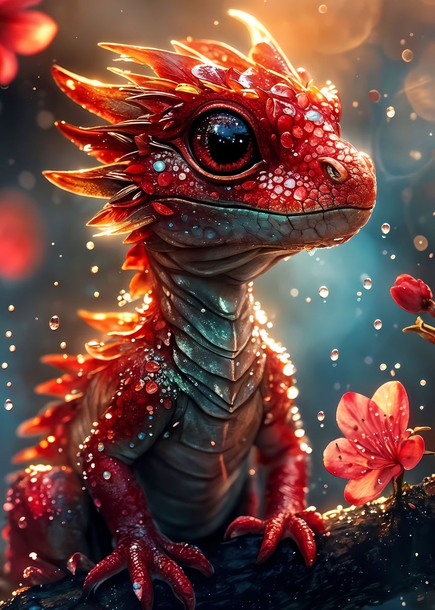'Fire red baby dragon' Poster, picture, metal print, paint by By Nadi ...