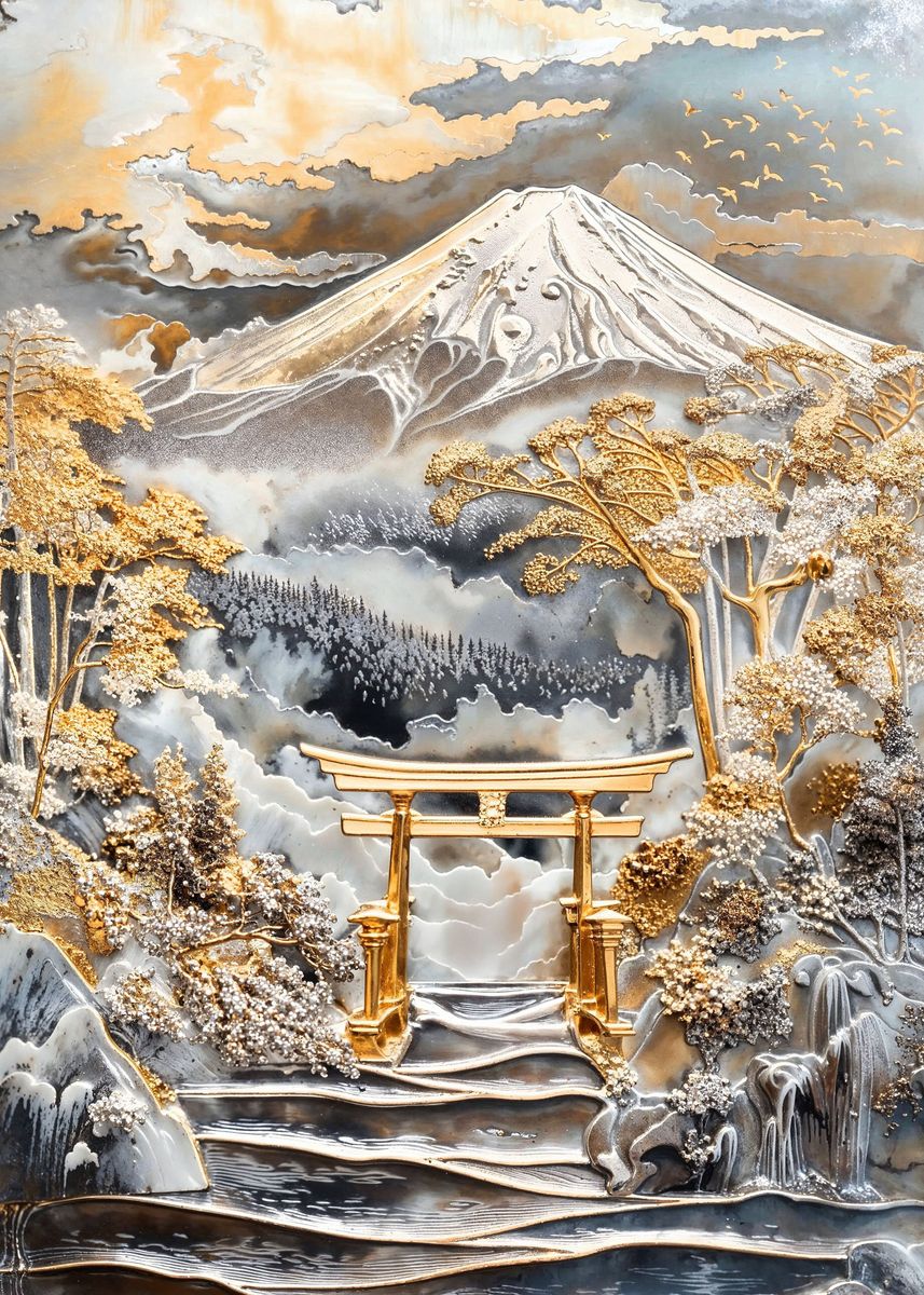 'Mount Fujis Golden Gateway' Poster, picture, metal print, paint by ...