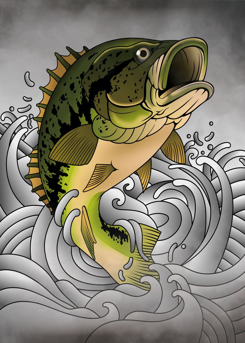 'Bass Fishing Jumping Water' Poster, picture, metal print, paint by ...