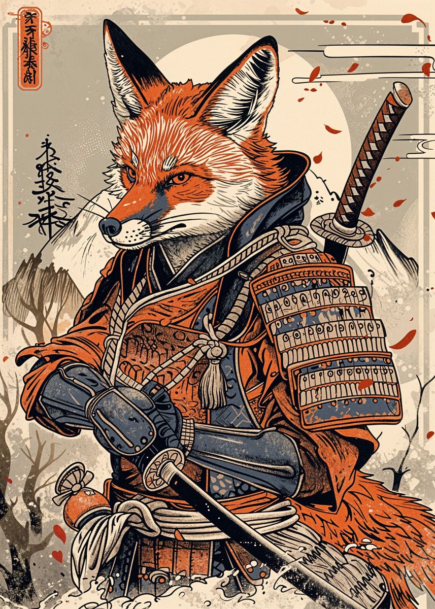 'Samurai Fox' Poster, picture, metal print, paint by SuperNova | Displate