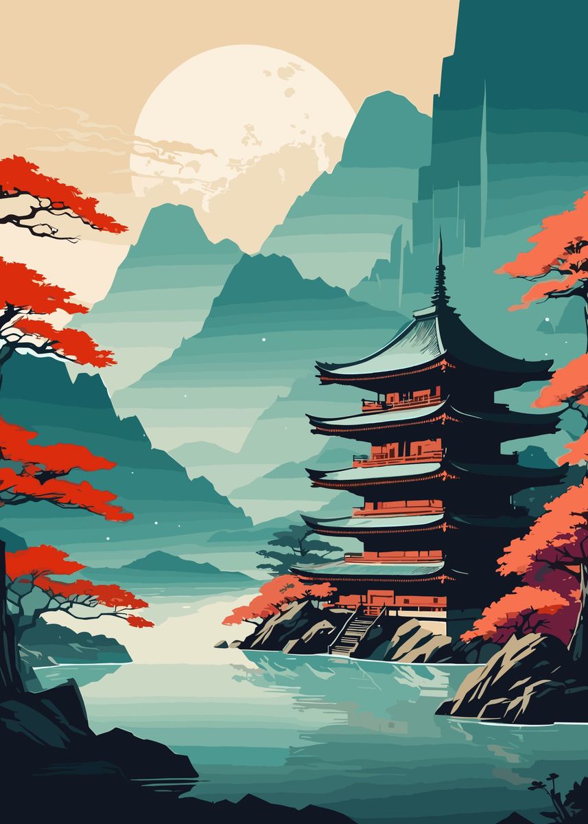 'Japanese Castle Mountain' Poster, picture, metal print, paint by ...