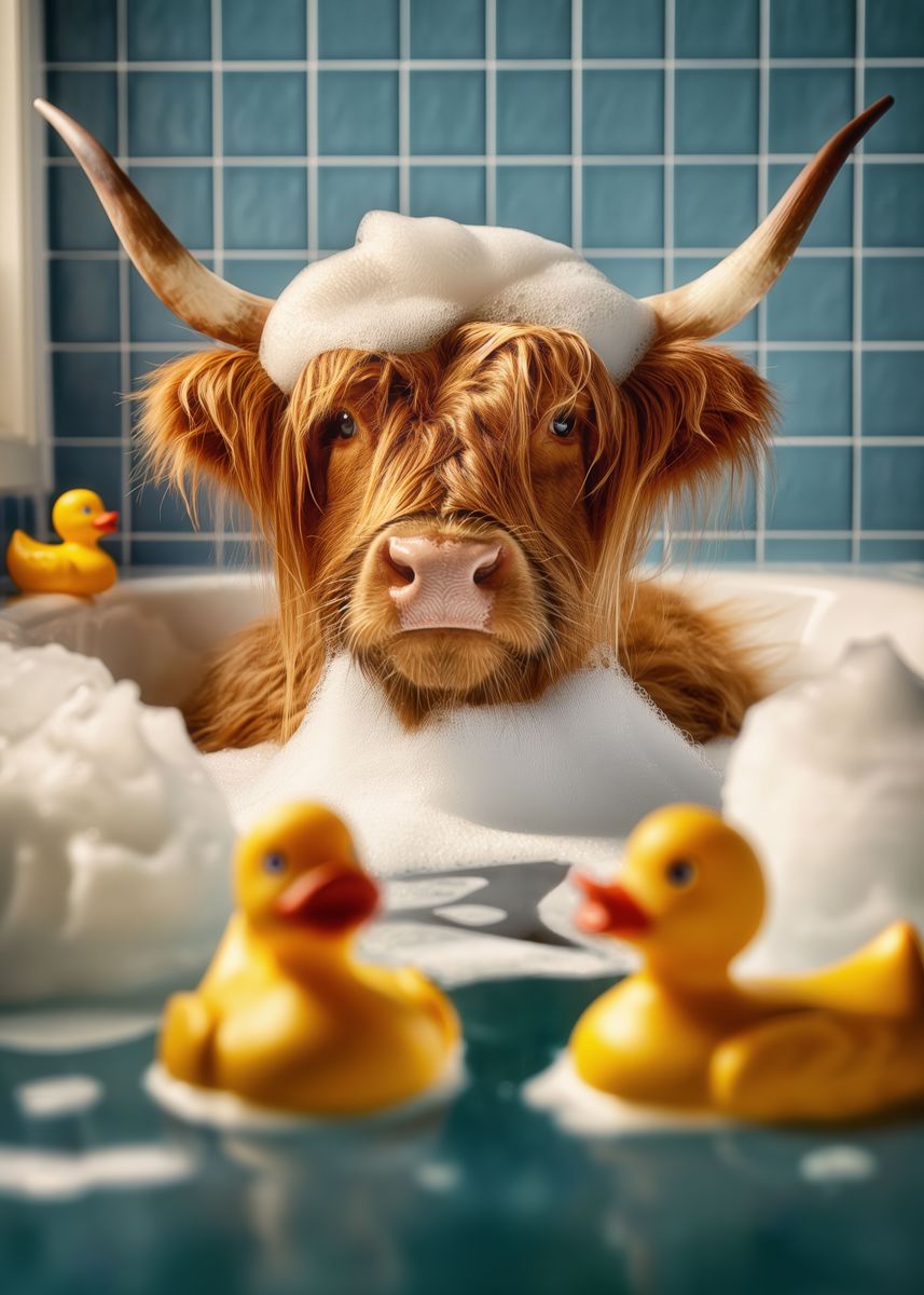 'Highland Cow in the Bath' Poster, picture, metal print, paint by Craig ...