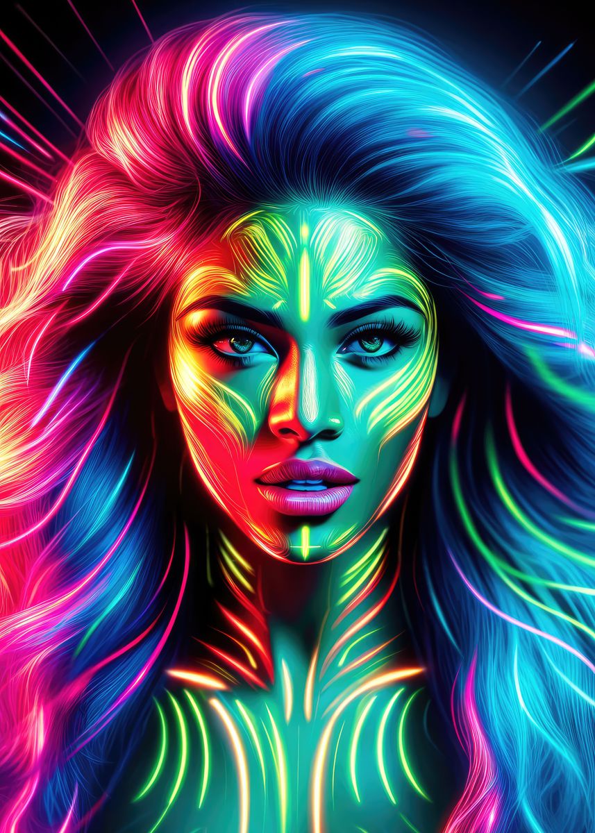 'Neon Cyber Face Wall Art' Poster, picture, metal print, paint by ...