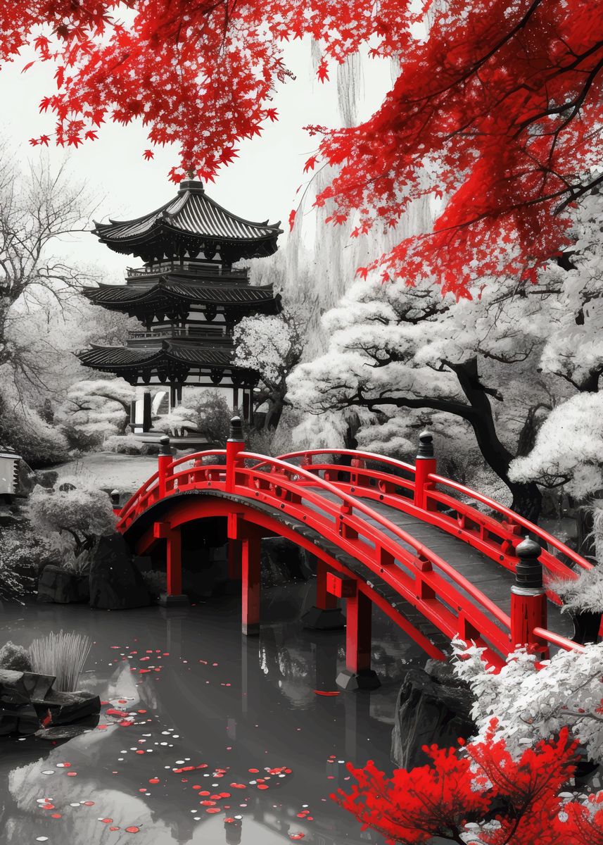 'Japanese red bridge autumn' Poster, picture, metal print, paint by ...