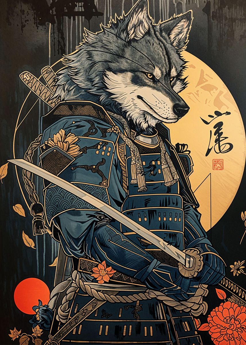 'Samurai Wolf' Poster, picture, metal print, paint by SuperNova | Displate
