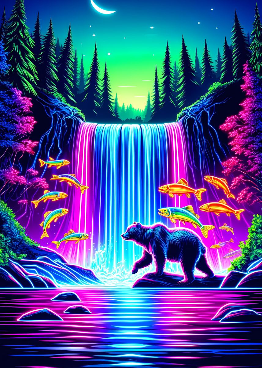 'Grizzly and Waterfall Neon' Poster, picture, metal print, paint by ...