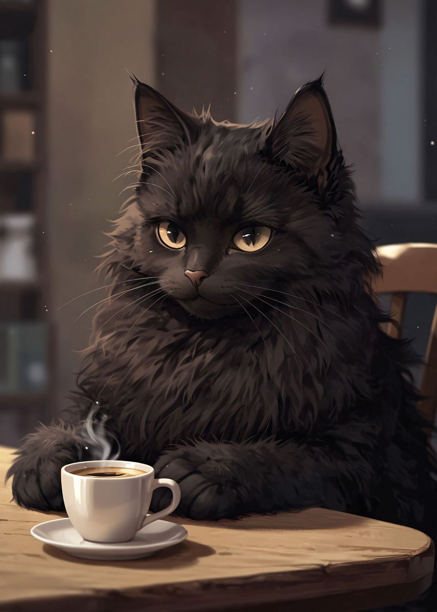 'Espresso Purrfection' Poster, picture, metal print, paint by Shamoon Ibrahim Rasheed | Displate