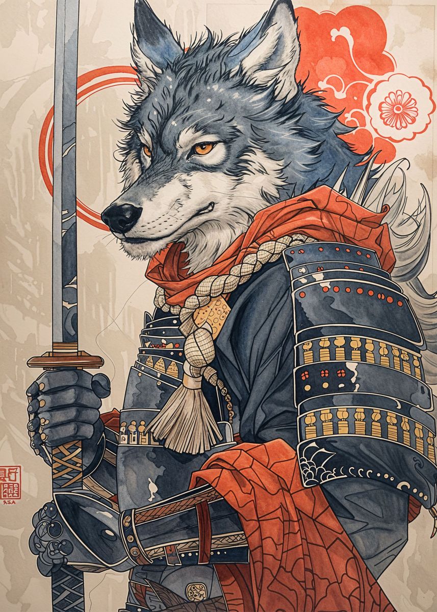'Samurai Wolf' Poster, picture, metal print, paint by SuperNova | Displate