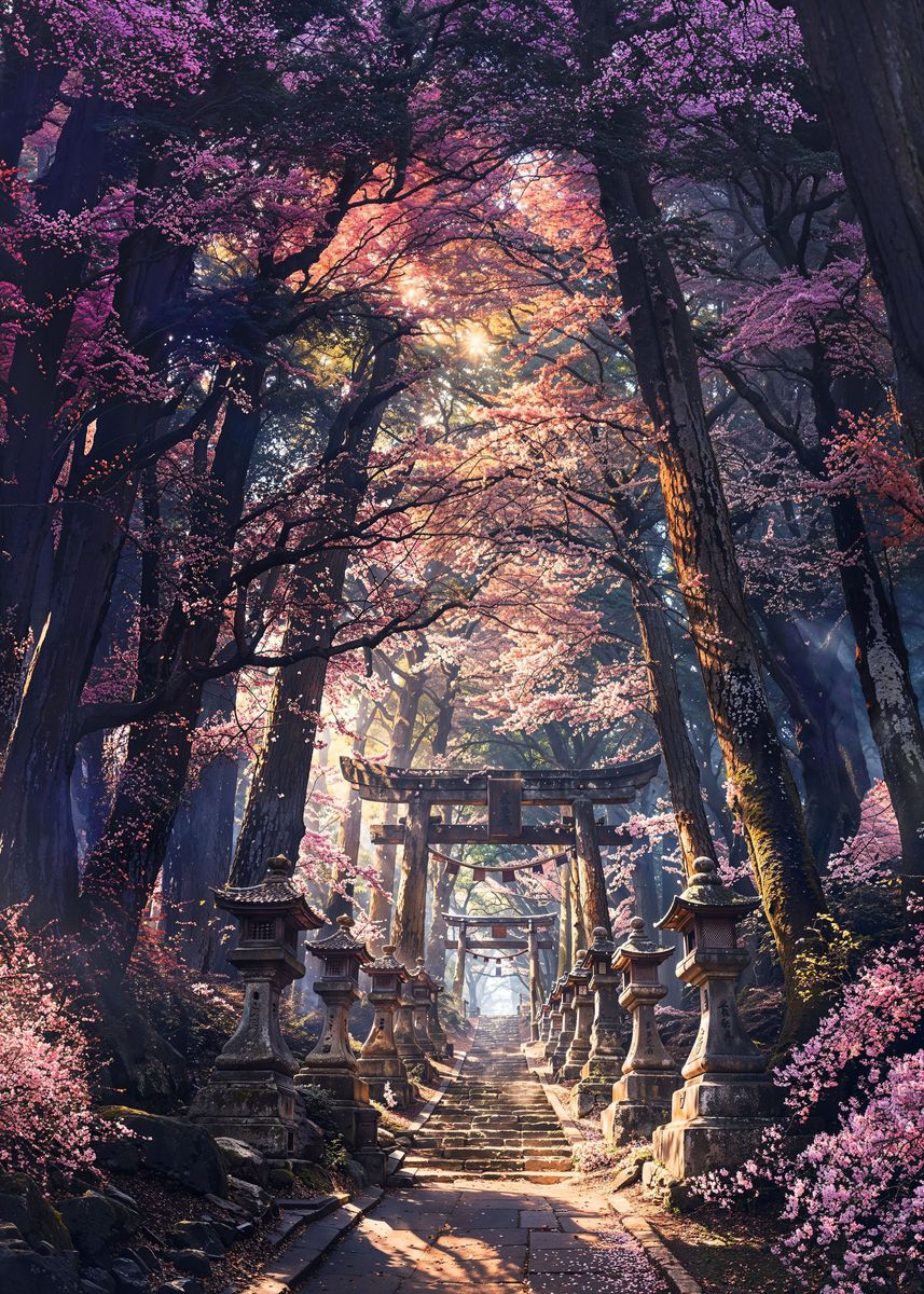 'Sacred Sakura Shrine Path' Poster, picture, metal print, paint by Pixaverse | Displate