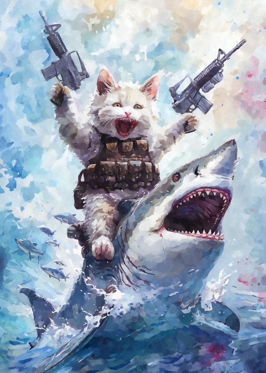 'Cat with Guns Riding Shark' Poster, picture, metal print, paint by ...
