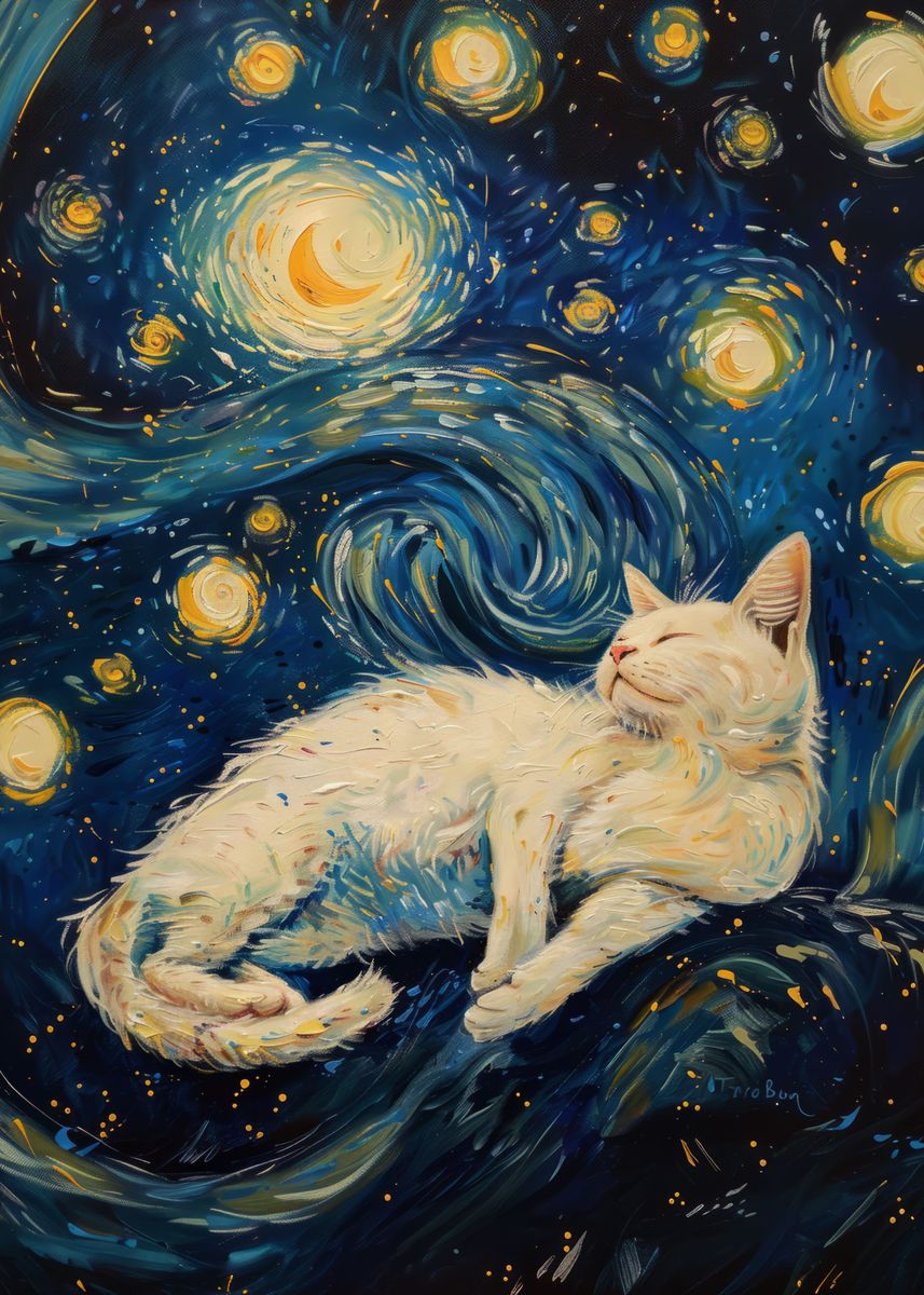 'Starry Night White Cat' Poster, picture, metal print, paint by Tollaru ...