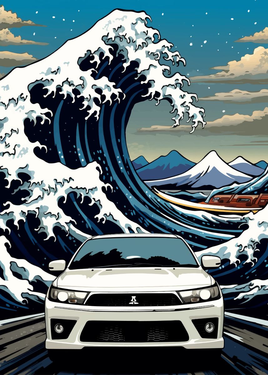 'Lancer Evo and Great Wave' Poster, picture, metal print, paint by ...