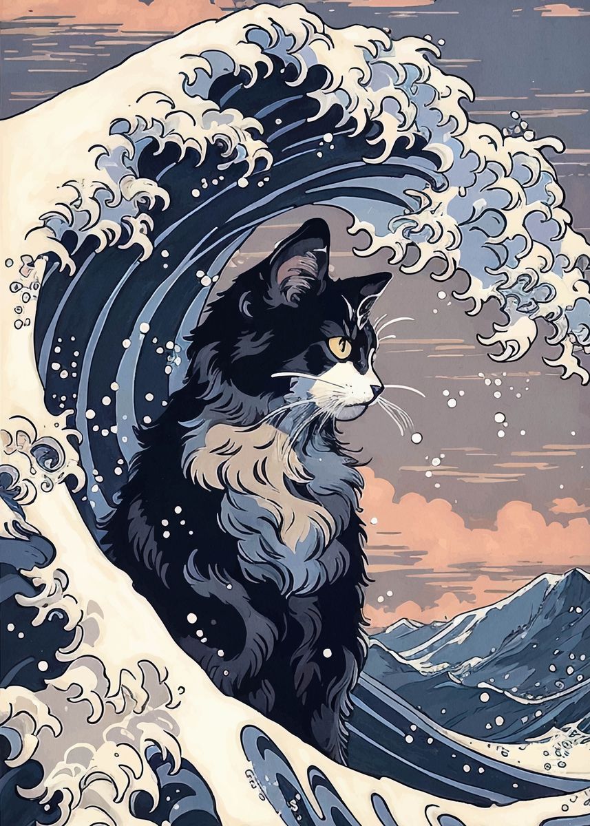 'Cat Wave Japanese' Poster, picture, metal print, paint by Ellen Farrah ...