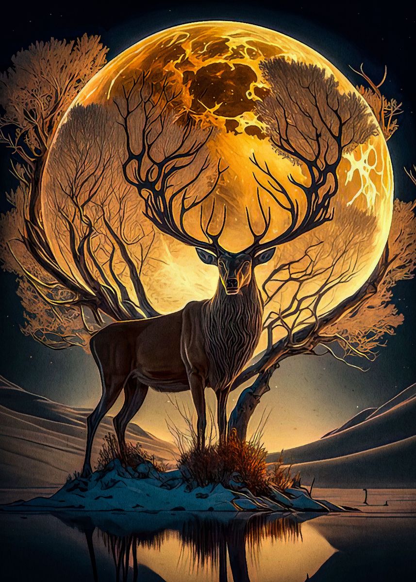 'deer moon landscape ' Poster, picture, metal print, paint by Hari ...