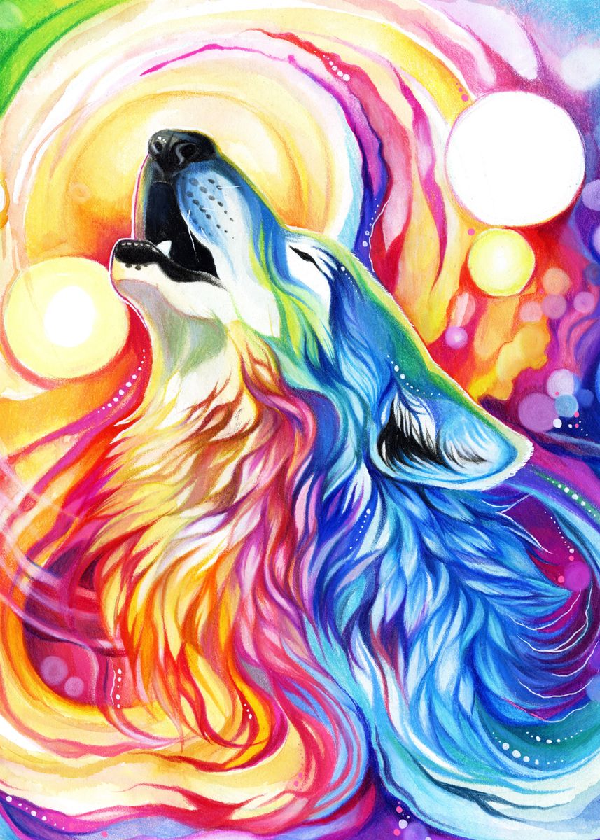 'Howling Rainbow Wolf' Poster, picture, metal print, paint by Katy ...